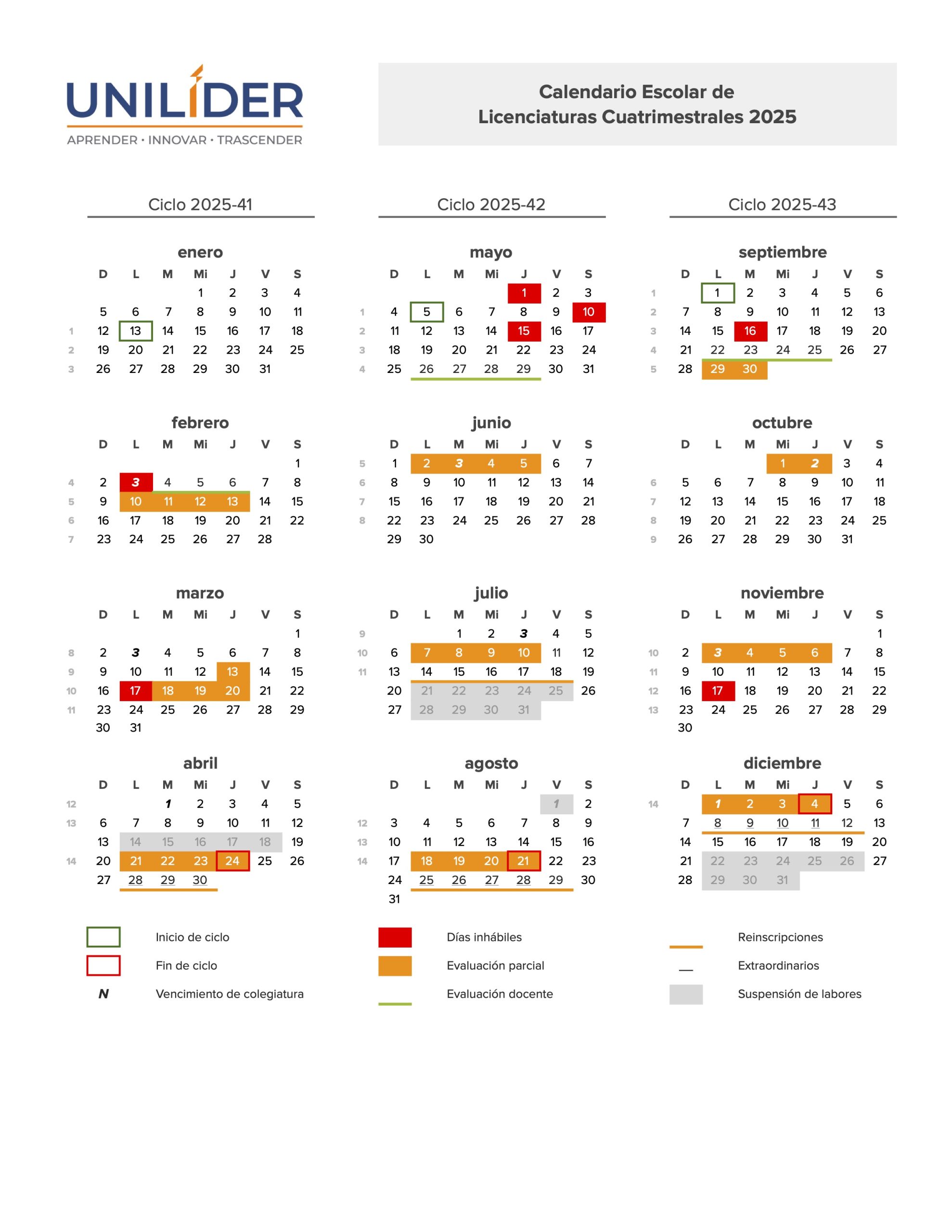 Calendario escolar de licenciaturas - UNILIDER.EDU.MX